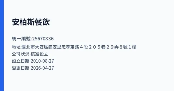 安柏斯餐飲的照片-統編 25670836(臺北市) 公司登記資料與營業項目詳細圖表