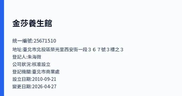 金莎養生館的照片-統編 25671510(臺北市) 公司登記資料與營業項目詳細圖表