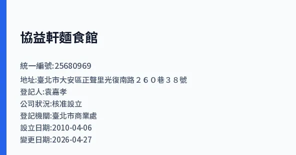 協益軒麵食館的照片-統編 25680969(臺北市) 公司登記資料與營業項目詳細圖表