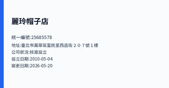 麗玲帽子店的照片-統編 25685578(臺北市) 公司登記資料與營業項目詳細圖表