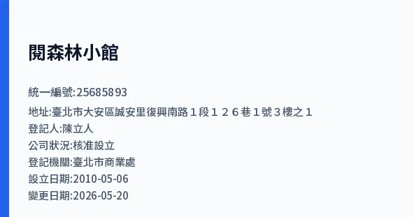 閱森林小館的照片-統編 25685893(臺北市) 公司登記資料與營業項目詳細圖表
