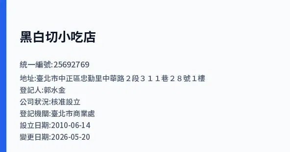 黑白切小吃店的照片-統編 25692769(臺北市) 公司登記資料與營業項目詳細圖表