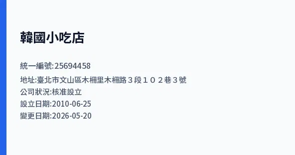 韓國小吃店的照片-統編 25694458(臺北市) 公司登記資料與營業項目詳細圖表