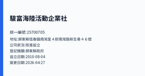 駿富海陸活動企業社的照片-統編 25700705(屏東縣) 公司登記資料與營業項目詳細圖表