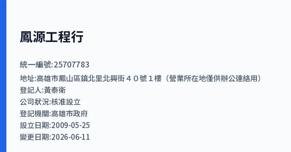 鳳源工程行的照片-統編 25707783(高雄市) 公司登記資料與營業項目詳細圖表