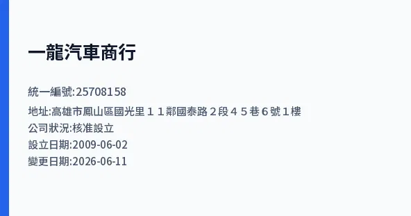 一龍汽車商行的照片-統編 25708158(高雄市) 公司登記資料與營業項目詳細圖表