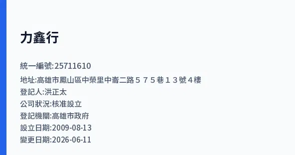 力鑫行的照片-統編 25711610(高雄市) 公司登記資料與營業項目詳細圖表