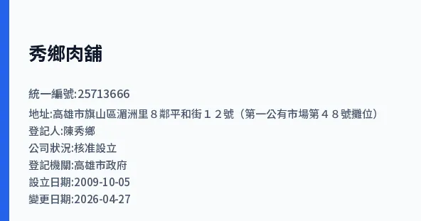 秀鄉肉舖的照片-統編 25713666(高雄市) 公司登記資料與營業項目詳細圖表