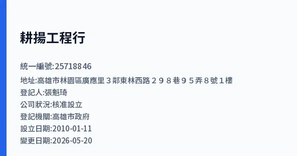 耕揚工程行的照片-統編 25718846(高雄市) 公司登記資料與營業項目詳細圖表