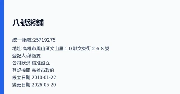八號粥舖的照片-統編 25719275(高雄市) 公司登記資料與營業項目詳細圖表