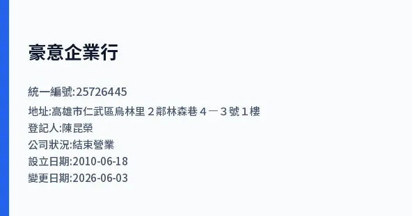 豪意企業行的照片-統編 25726445(高雄市) 公司登記資料與營業項目詳細圖表
