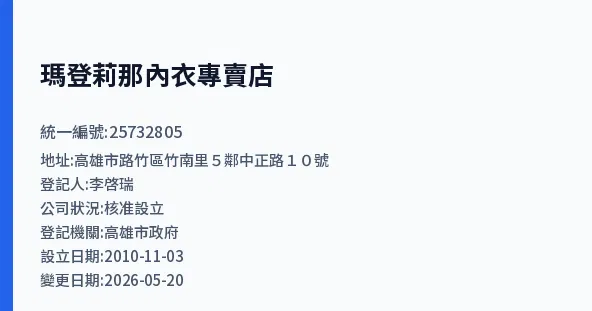 瑪登莉那內衣專賣店的照片-統編 25732805(高雄市) 公司登記資料與營業項目詳細圖表
