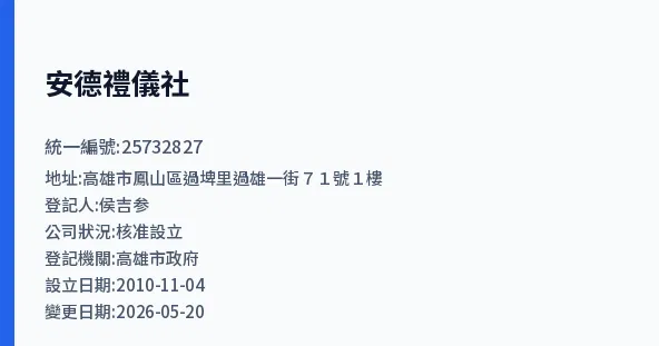 安德禮儀社的照片-統編 25732827(高雄市) 公司登記資料與營業項目詳細圖表