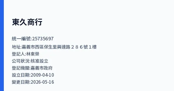 東久商行的照片-統編 25735697(嘉義市) 公司登記資料與營業項目詳細圖表