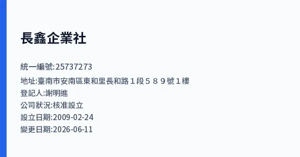 長鑫企業社的照片-統編 25737273(臺南市) 公司登記資料與營業項目詳細圖表