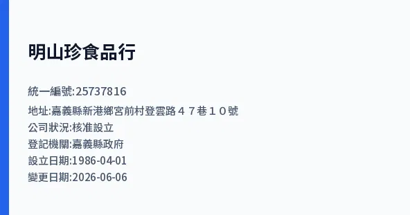 明山珍食品行的照片-統編 25737816(嘉義縣) 公司登記資料與營業項目詳細圖表