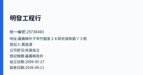明發工程行的照片-統編 25738483(嘉義縣) 公司登記資料與營業項目詳細圖表