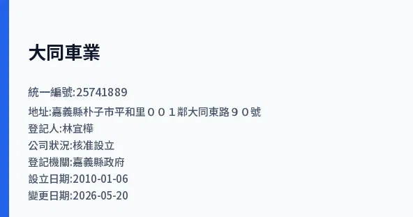 大同車業的照片-統編 25741889(嘉義縣) 公司登記資料與營業項目詳細圖表