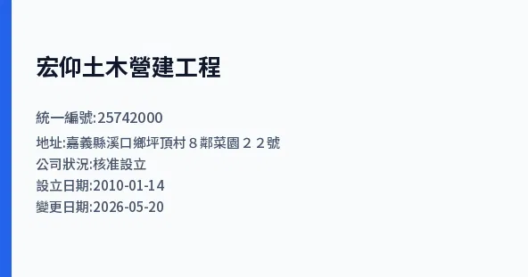宏仰土木營建工程的照片-統編 25742000(嘉義縣) 公司登記資料與營業項目詳細圖表