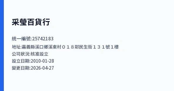 采瑩百貨行的照片-統編 25742183(嘉義縣) 公司登記資料與營業項目詳細圖表