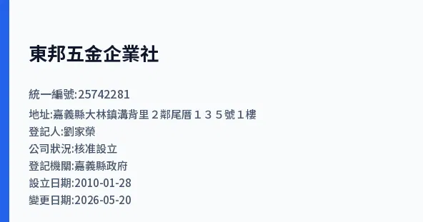 東邦五金企業社的照片-統編 25742281(嘉義縣) 公司登記資料與營業項目詳細圖表