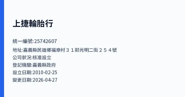 上捷輪胎行的照片-統編 25742607(嘉義縣) 公司登記資料與營業項目詳細圖表