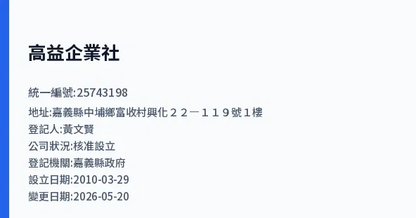 高益企業社的照片-統編 25743198(嘉義縣) 公司登記資料與營業項目詳細圖表