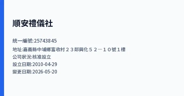 順安禮儀社的照片-統編 25743845(嘉義縣) 公司登記資料與營業項目詳細圖表