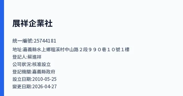 展祥企業社的照片-統編 25744181(嘉義縣) 公司登記資料與營業項目詳細圖表