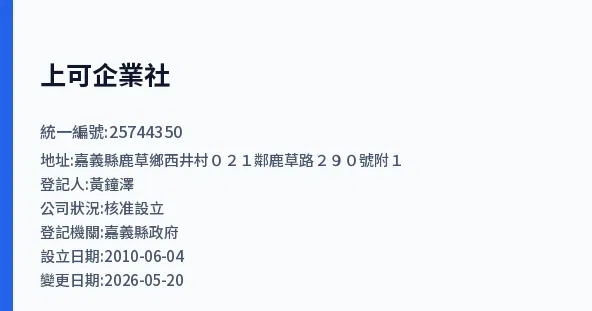 上可企業社的照片-統編 25744350(嘉義縣) 公司登記資料與營業項目詳細圖表