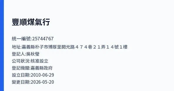 豐順煤氣行的照片-統編 25744767(嘉義縣) 公司登記資料與營業項目詳細圖表