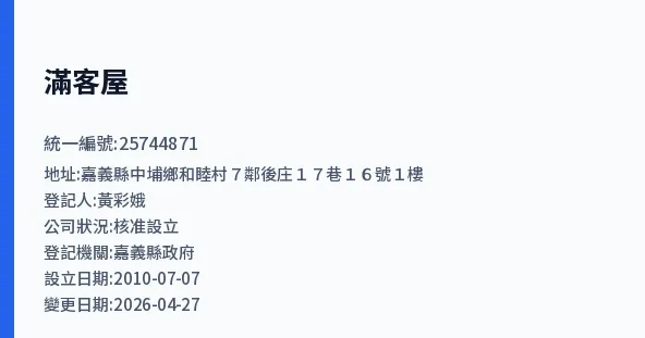 滿客屋的照片-統編 25744871(嘉義縣) 公司登記資料與營業項目詳細圖表