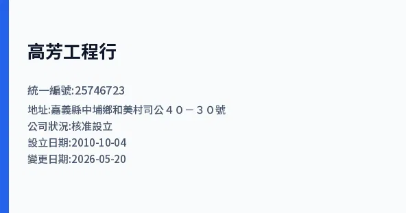 高芳工程行的照片-統編 25746723(嘉義縣) 公司登記資料與營業項目詳細圖表