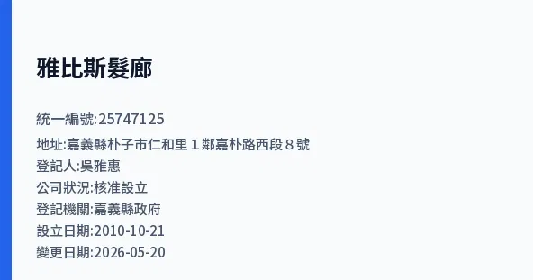 雅比斯髮廊的照片-統編 25747125(嘉義縣) 公司登記資料與營業項目詳細圖表