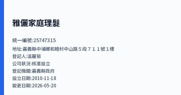 雅儷家庭理髮的照片-統編 25747315(嘉義縣) 公司登記資料與營業項目詳細圖表