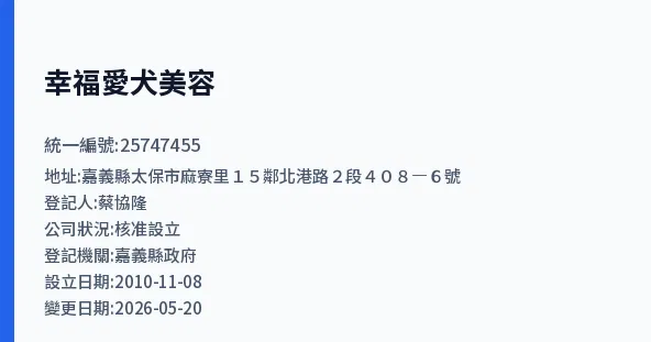幸福愛犬美容的照片-統編 25747455(嘉義縣) 公司登記資料與營業項目詳細圖表