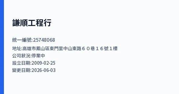 謙順工程行的照片-統編 25748068(高雄市) 公司登記資料與營業項目詳細圖表