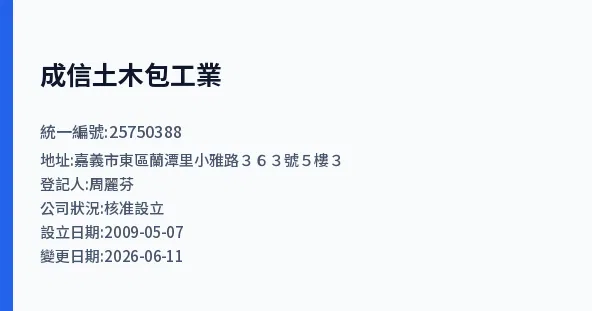 成信土木包工業的照片-統編 25750388(嘉義市) 公司登記資料與營業項目詳細圖表
