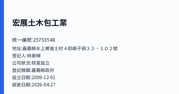 宏展土木包工業的照片-統編 25753548(嘉義縣) 公司登記資料與營業項目詳細圖表
