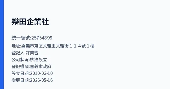 樂田企業社的照片-統編 25754899(嘉義市) 公司登記資料與營業項目詳細圖表