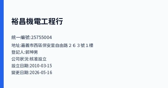 裕昌機電工程行的照片-統編 25755004(嘉義市) 公司登記資料與營業項目詳細圖表