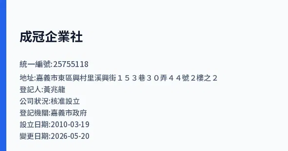 成冠企業社的照片-統編 25755118(嘉義市) 公司登記資料與營業項目詳細圖表