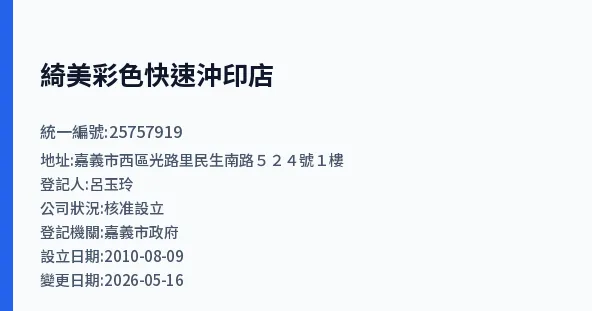 綺美彩色快速沖印店的照片-統編 25757919(嘉義市) 公司登記資料與營業項目詳細圖表
