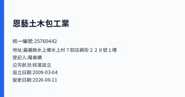 恩藝土木包工業的照片-統編 25760442(嘉義縣) 公司登記資料與營業項目詳細圖表