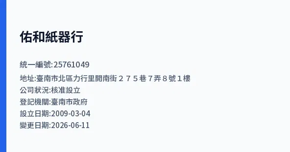佑和紙器行的照片-統編 25761049(臺南市) 公司登記資料與營業項目詳細圖表