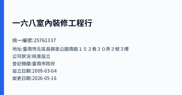 一六八室內裝修工程行的照片-統編 25761337(臺南市) 公司登記資料與營業項目詳細圖表