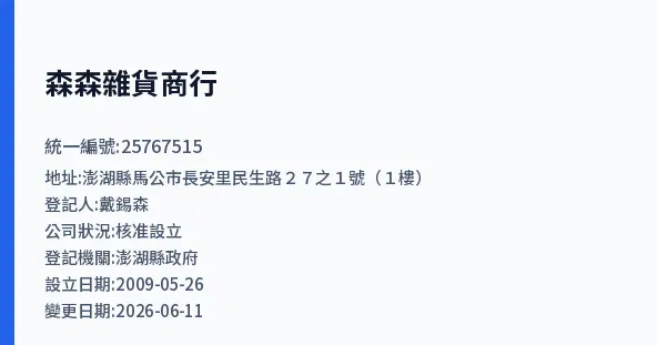 森森雜貨商行的照片-統編 25767515(澎湖縣) 公司登記資料與營業項目詳細圖表