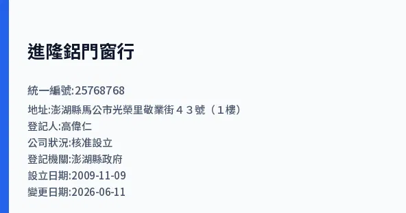 進隆鋁門窗行的照片-統編 25768768(澎湖縣) 公司登記資料與營業項目詳細圖表