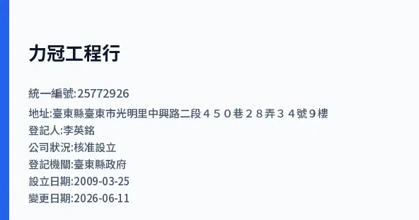 力冠工程行的照片-統編 25772926(臺東縣) 公司登記資料與營業項目詳細圖表