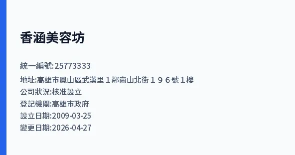 香涵美容坊的照片-統編 25773333(高雄市) 公司登記資料與營業項目詳細圖表